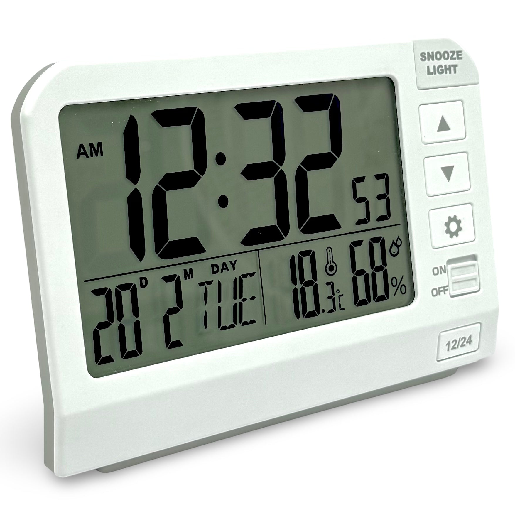 Buy Charlie Multifunction LCD Alarm Clock White 17cm Online – Oh Clocks