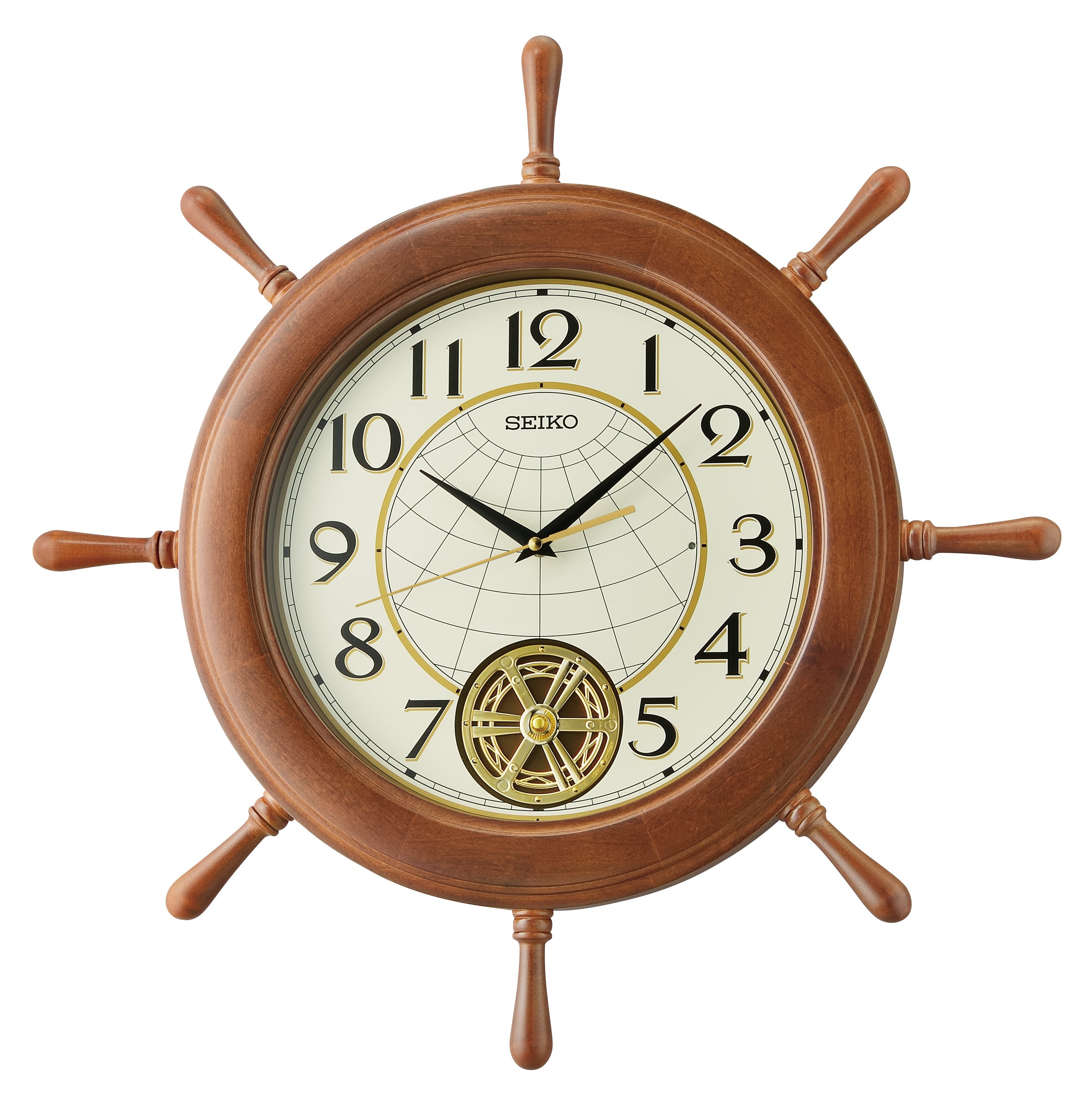 Seiko Ships Wheel Helm Rotating Pendulum Wall Clock Brown – Oh Clocks