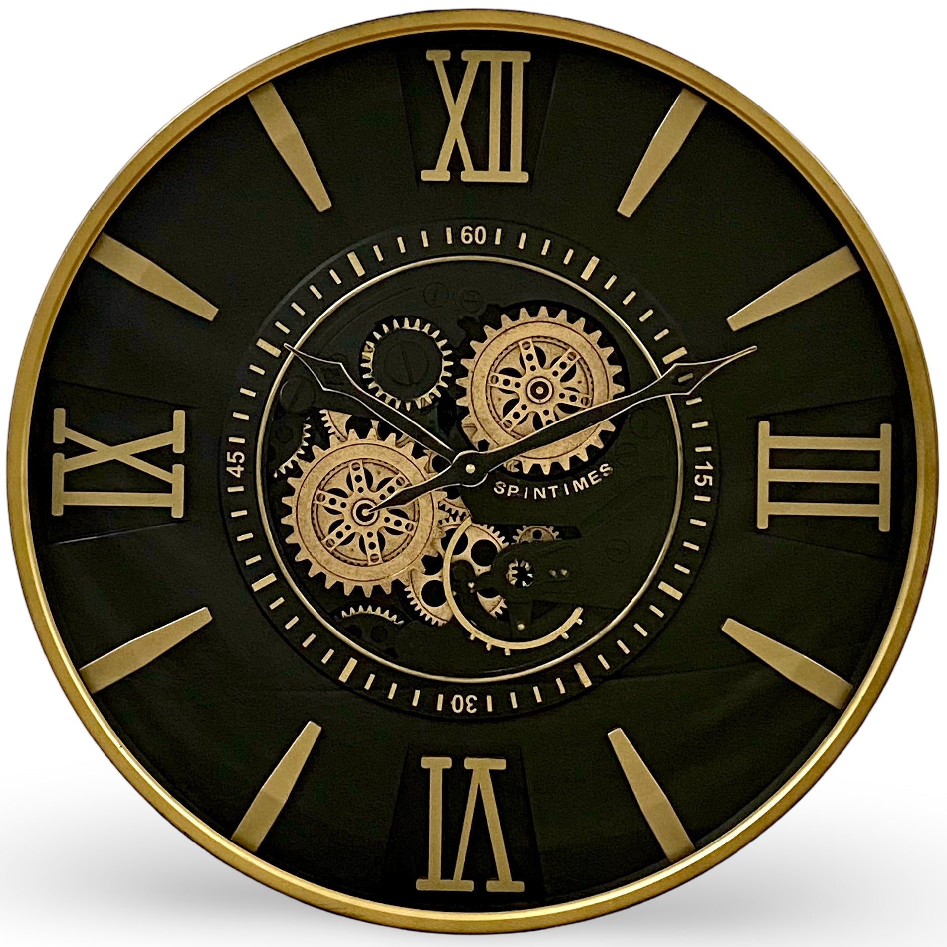 Buy Spintimes Black Gold Metal Moving Gears Wall Clock 60cm – Oh Clocks