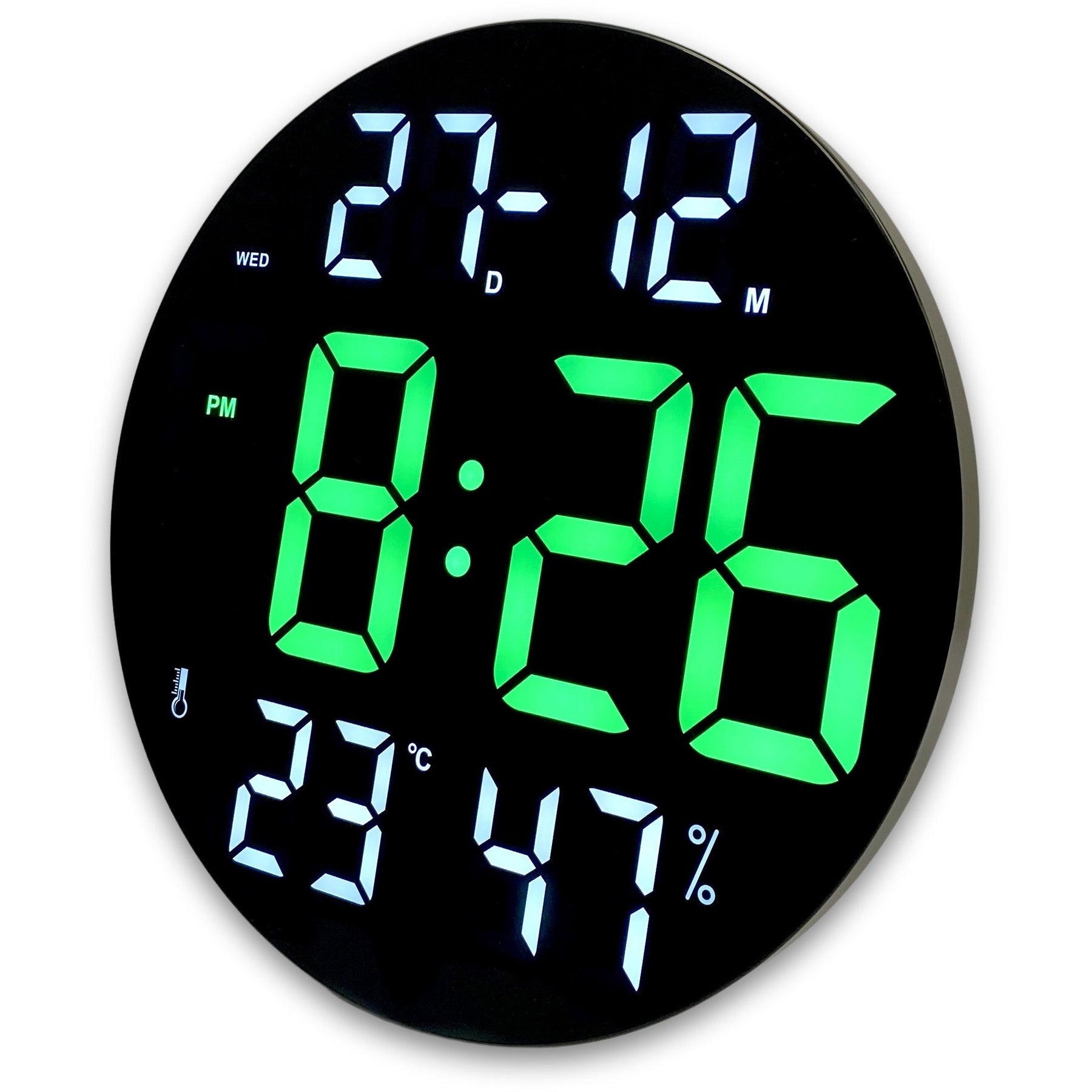 Sylvie Day Date Temp Humidity USB LED Wall & Desk Clock Green – Oh Clocks