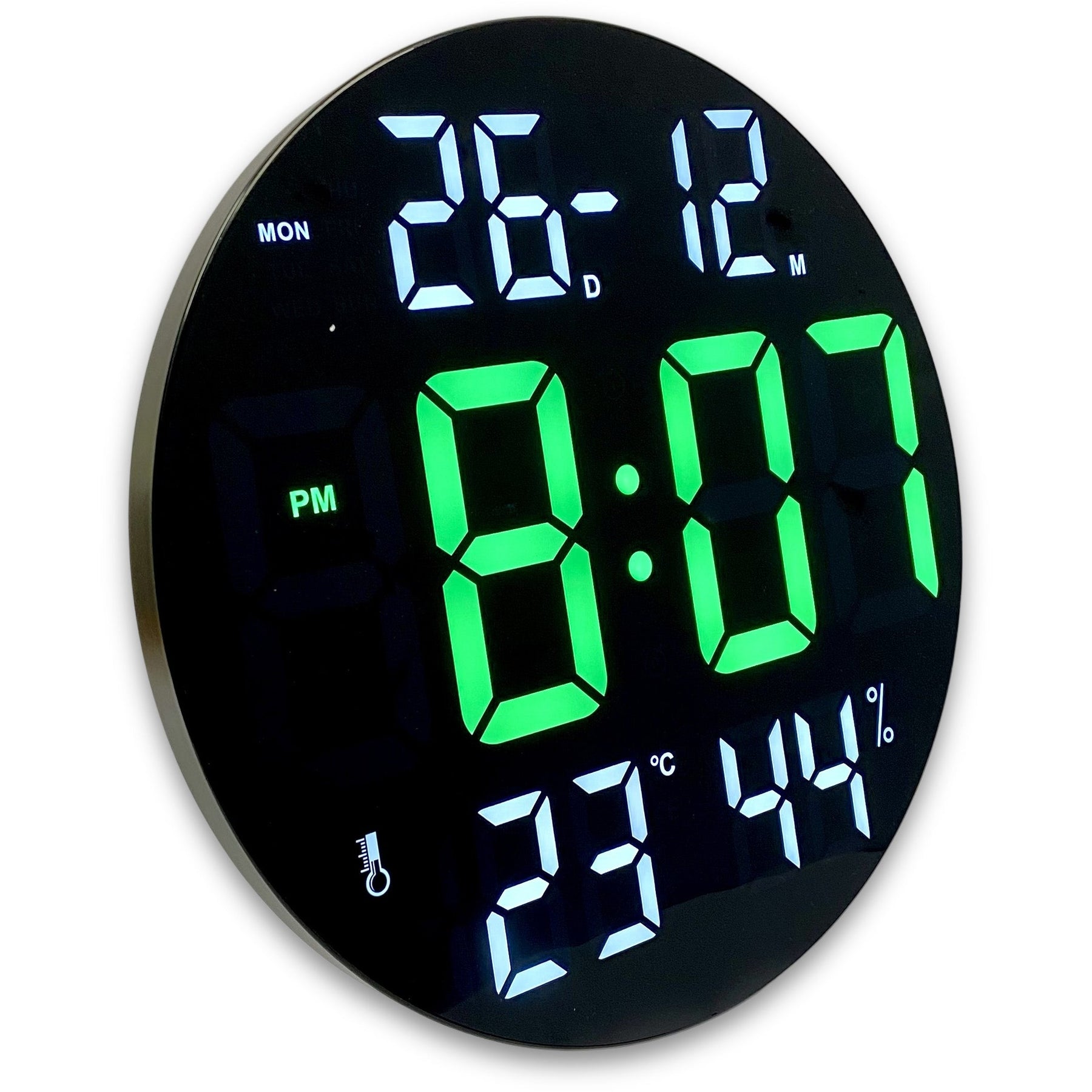 Sylvie Day Date Temp Humidity USB LED Wall & Desk Clock Green – Oh Clocks