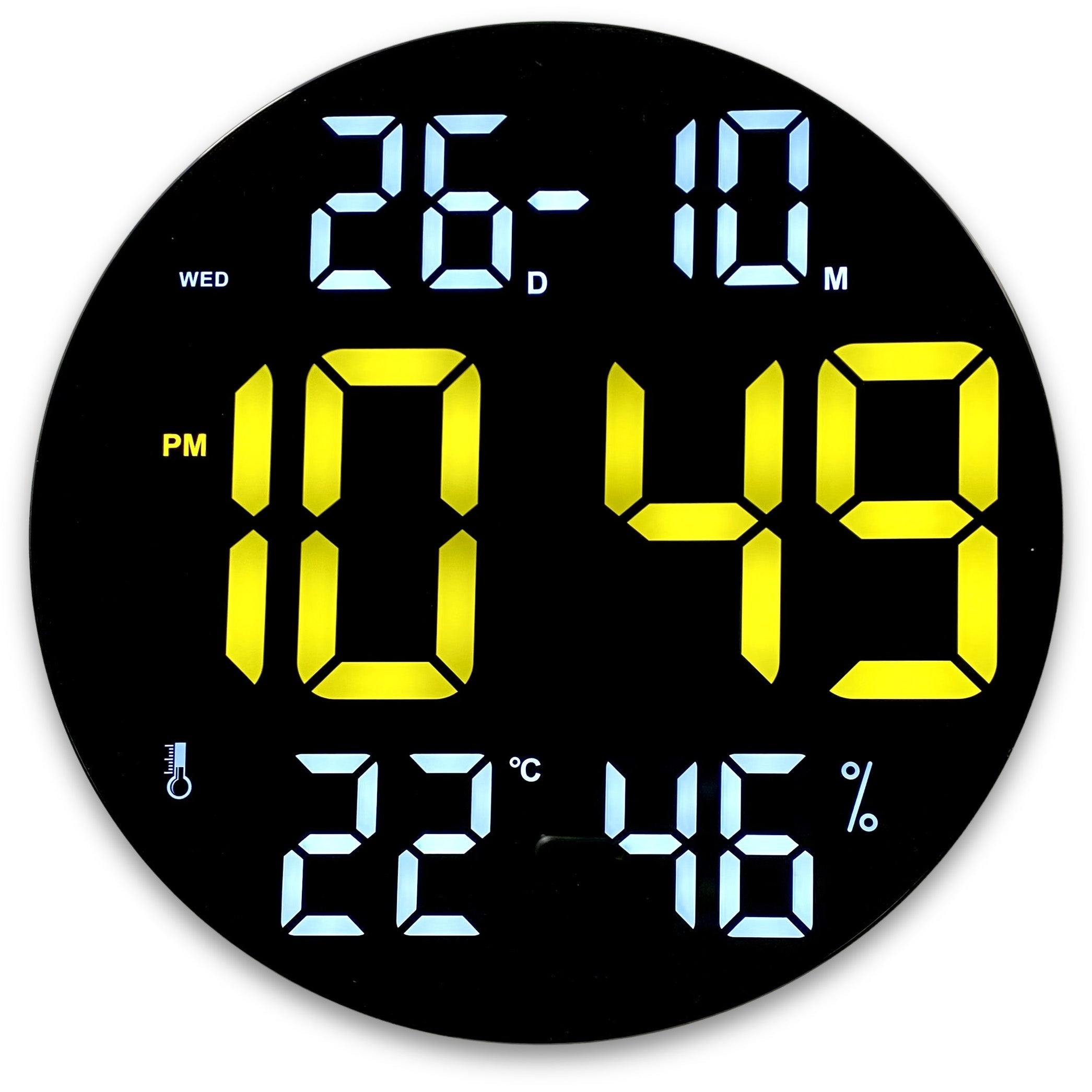 Sylvie Day Date Temp Humidity USB LED Wall & Desk Clock Yellow – Oh Clocks