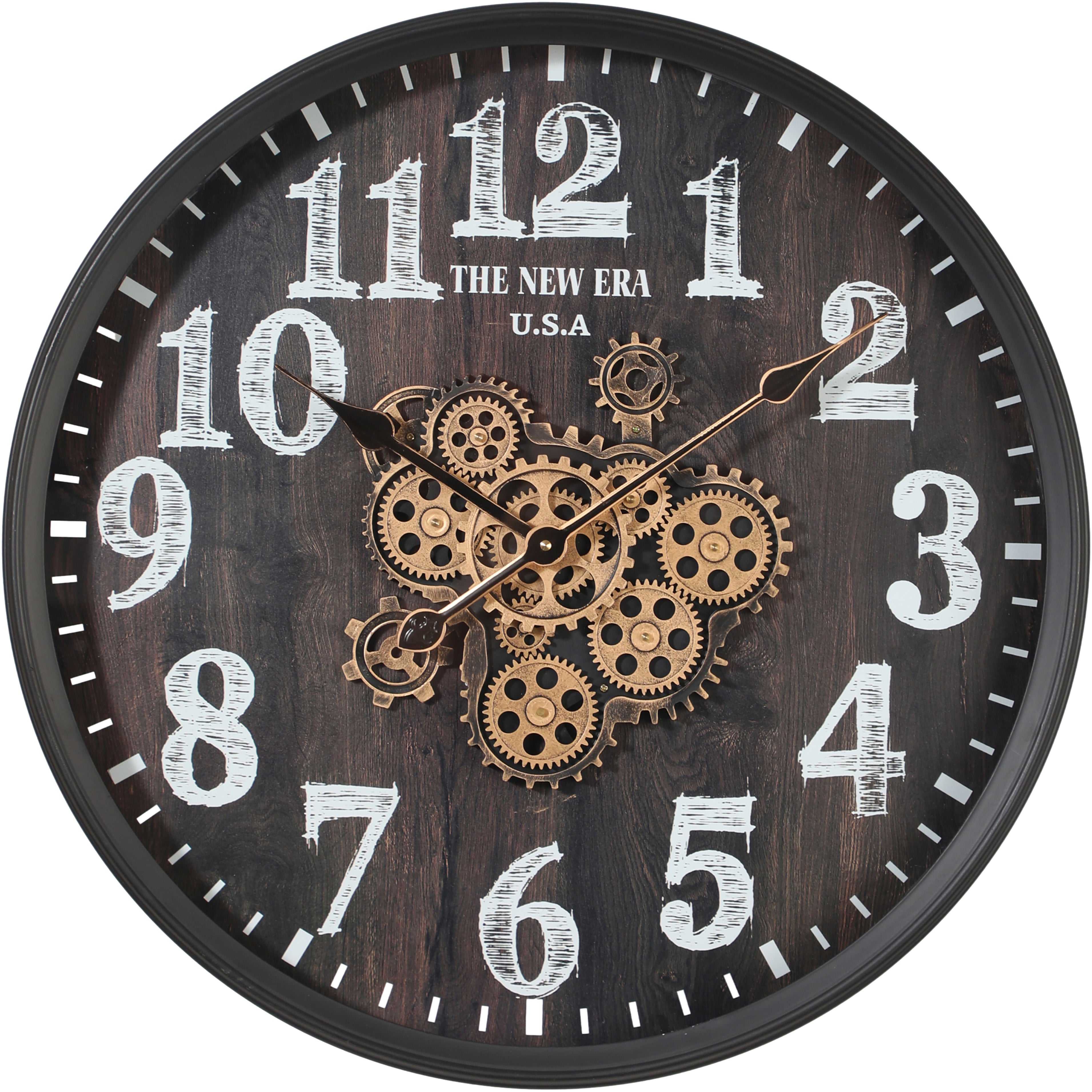 New Era Black Metal Weathered Wood Face Moving Gears Wall Clock – Oh Clocks