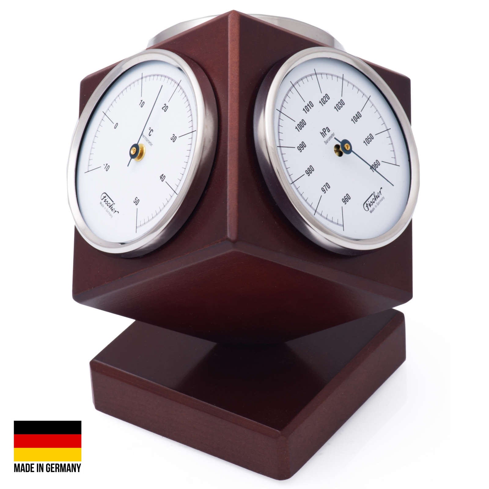 Buy Fischer Cube Weather Station Mahogany 15cm Online – Oh Clocks