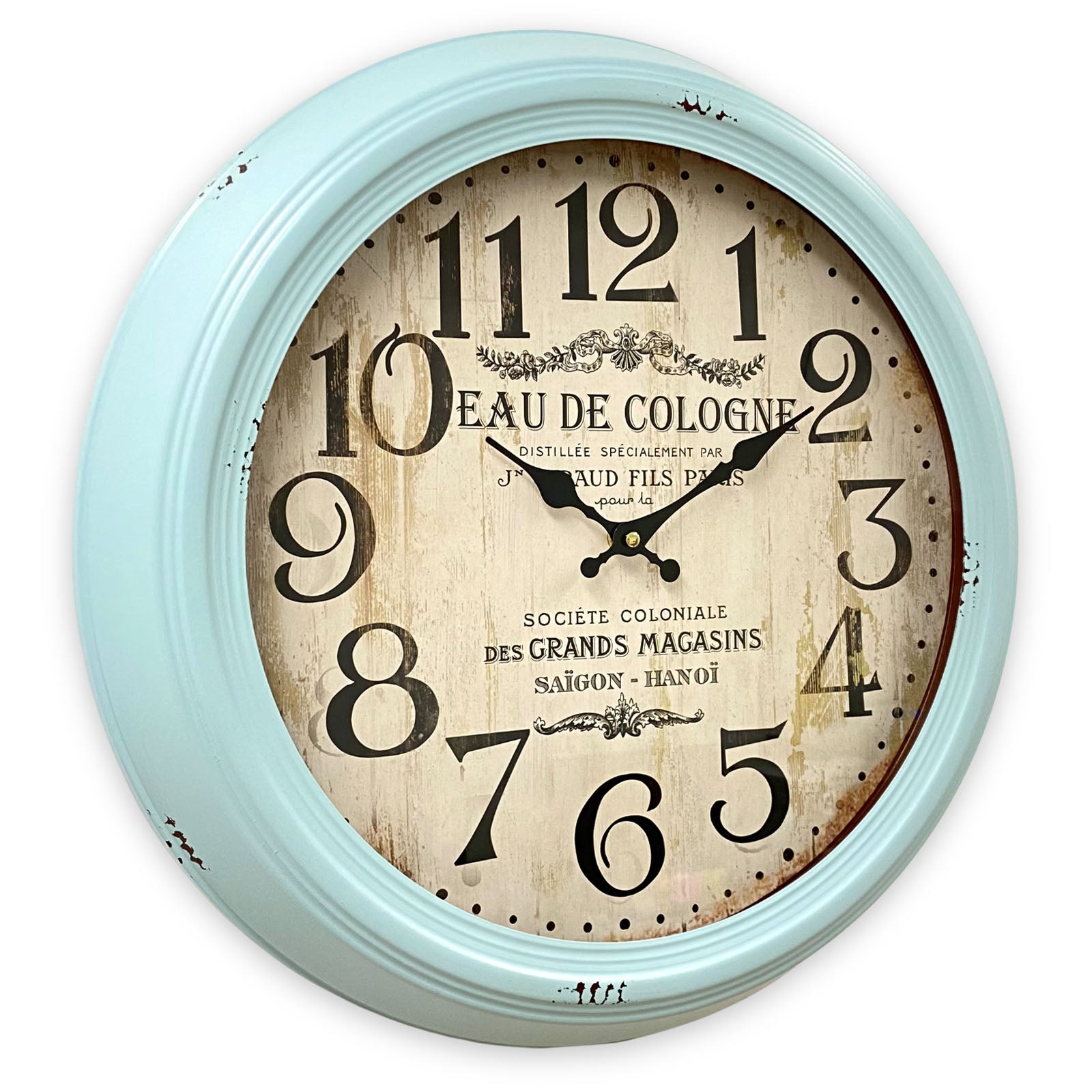 Buy Eau De Cologne Vintage Metal Wall Clock Blue 46cm Online – Oh Clocks