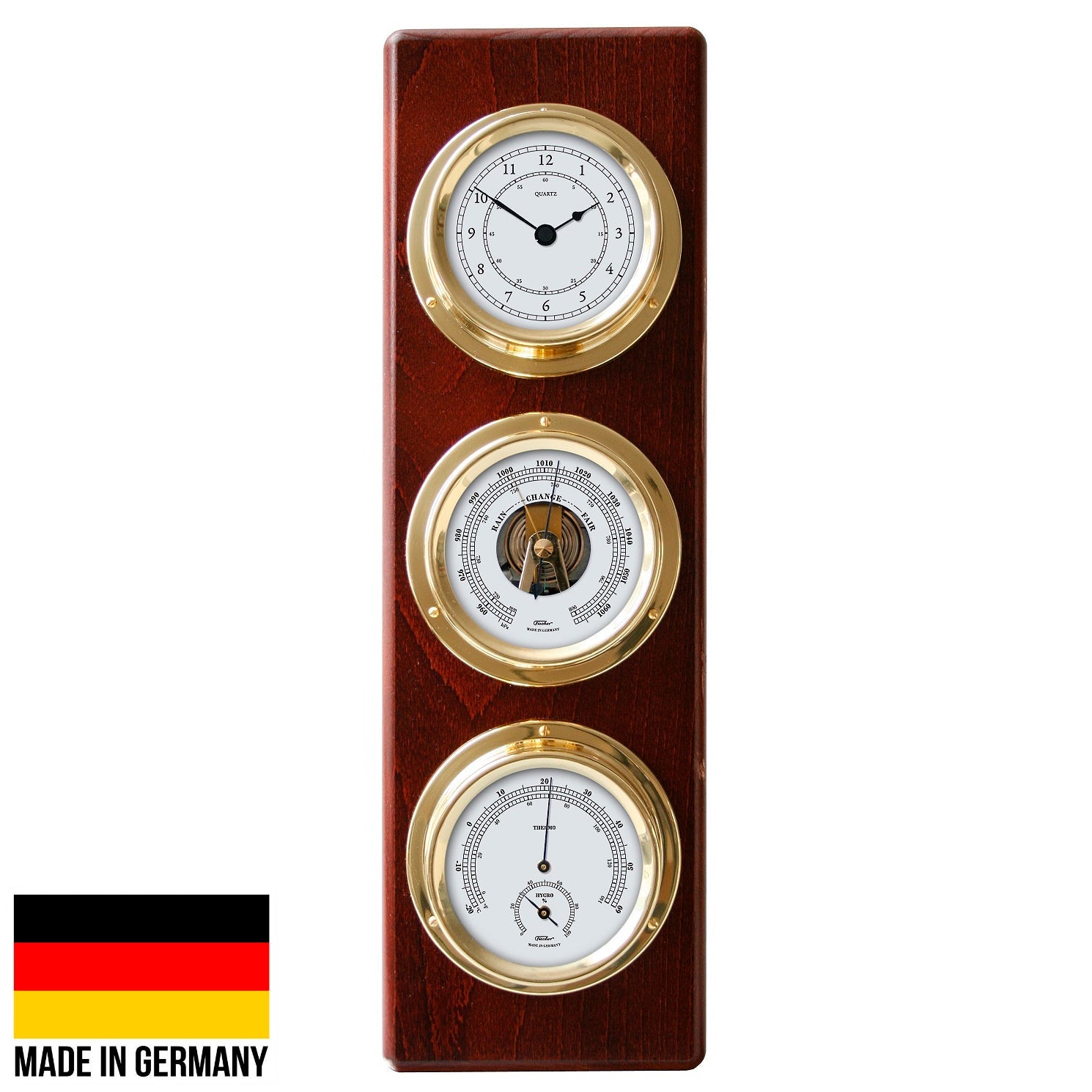 Fischer Polished Brass 4 in 1 Clock & Weather Station Mahogany – Oh Clocks